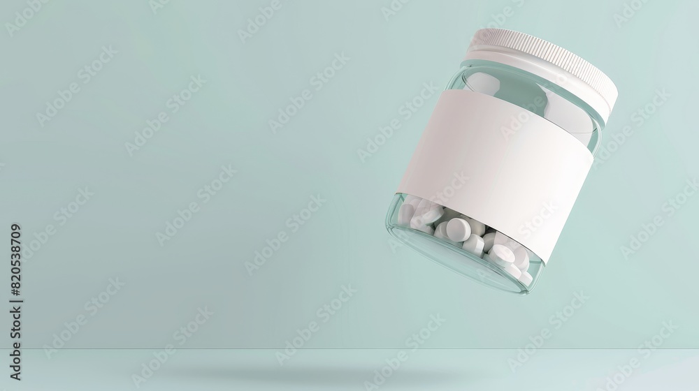 Pills jar with blank label, floating in mid-air, minimalistic design ...