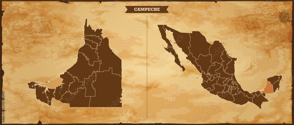 Campeche state map, Mexico map with federal states in A vintage map ...