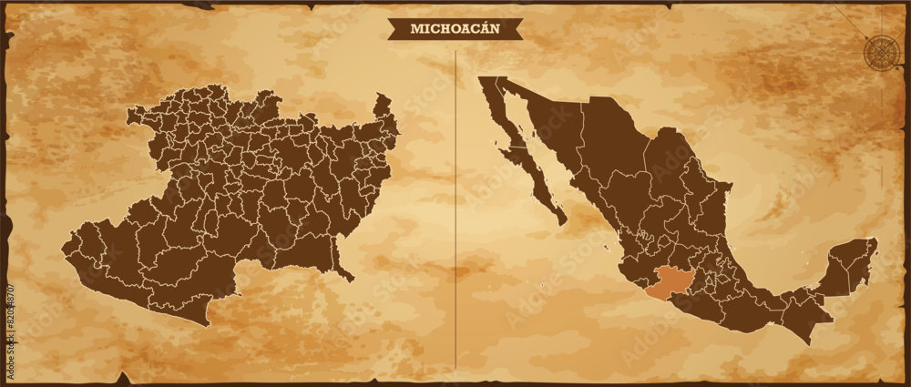 Michoacán state map, Mexico map with federal states in A vintage map ...