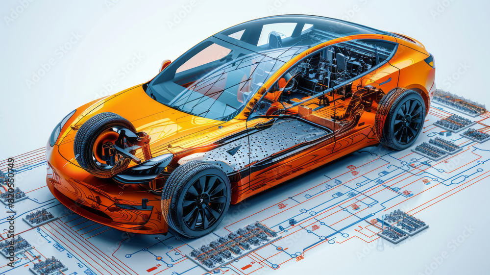 isometric diagram of a cutaway modern EV car showing all the components ...