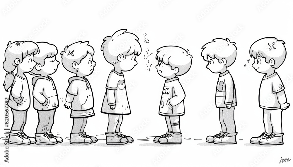 A simple line drawing of a coloring page showing One child closes his ...