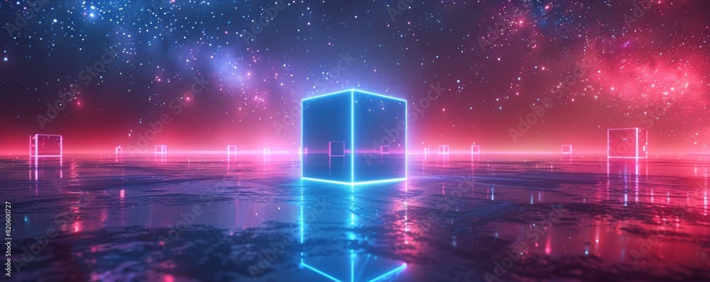 abstract red blue neon background. Glowing linear volumetric cube in ...