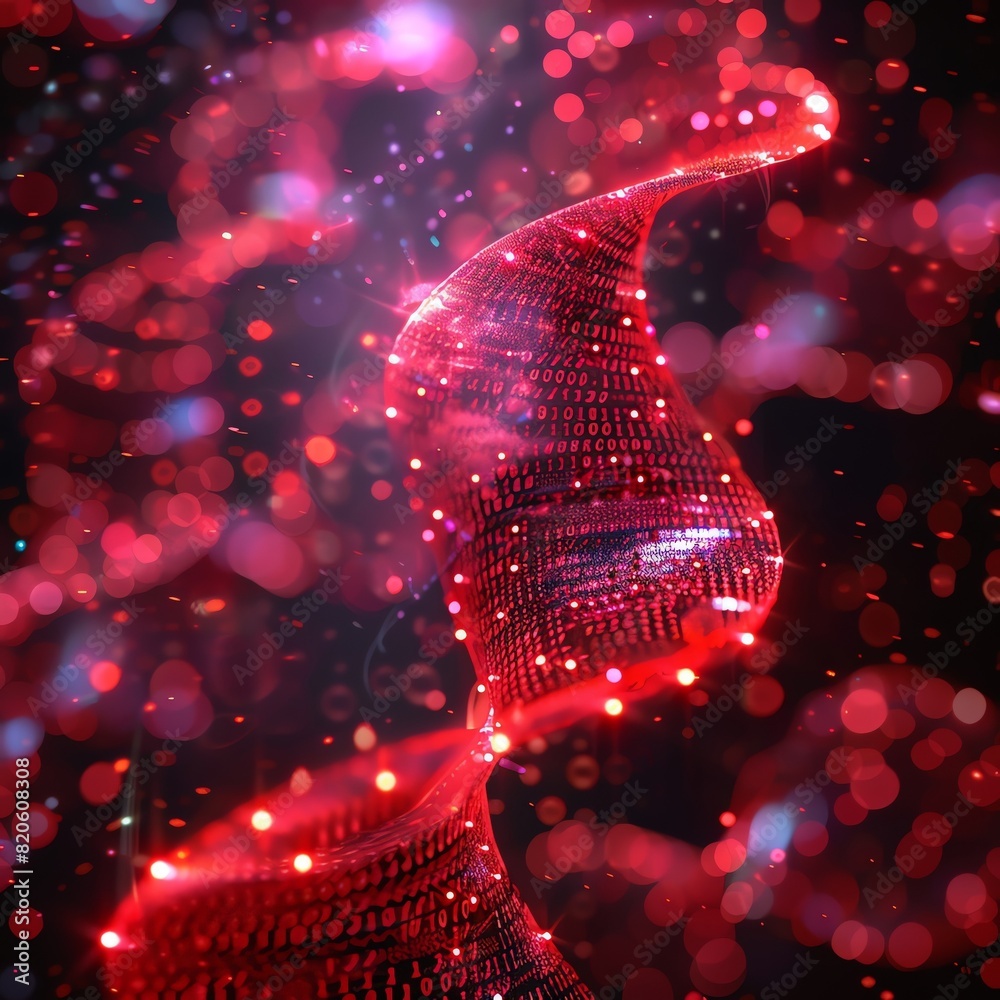 Crimson DNA helices intertwine, lowangle, softfocus, with digital ...