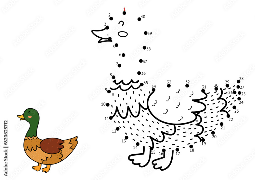 Dot to dot game for kids. Connect the dots and draw a cute duck. Farm ...