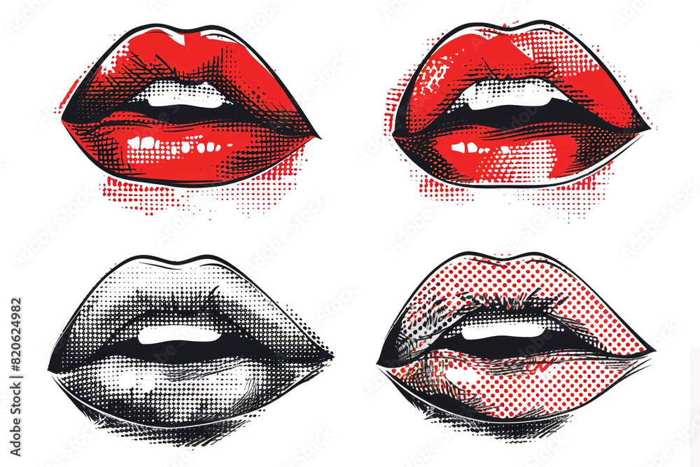 Woman lips and eyes halftone collage elements with girly doodles for ...