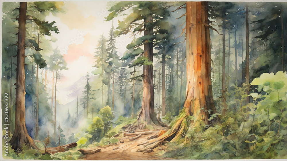 Watercolor painting: A forest conservation effort, with sustainable ...