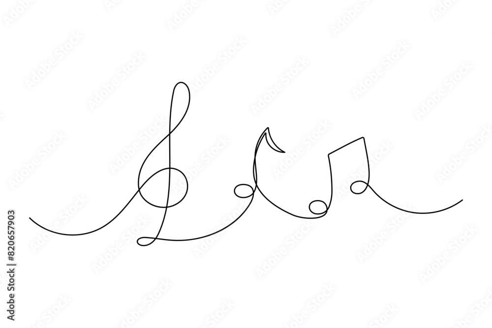One line musical notes and Treble clef. Outline continuous vector ...