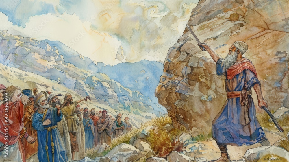 Watercolor Biblical Illustration of The Story of Moses Striking the ...