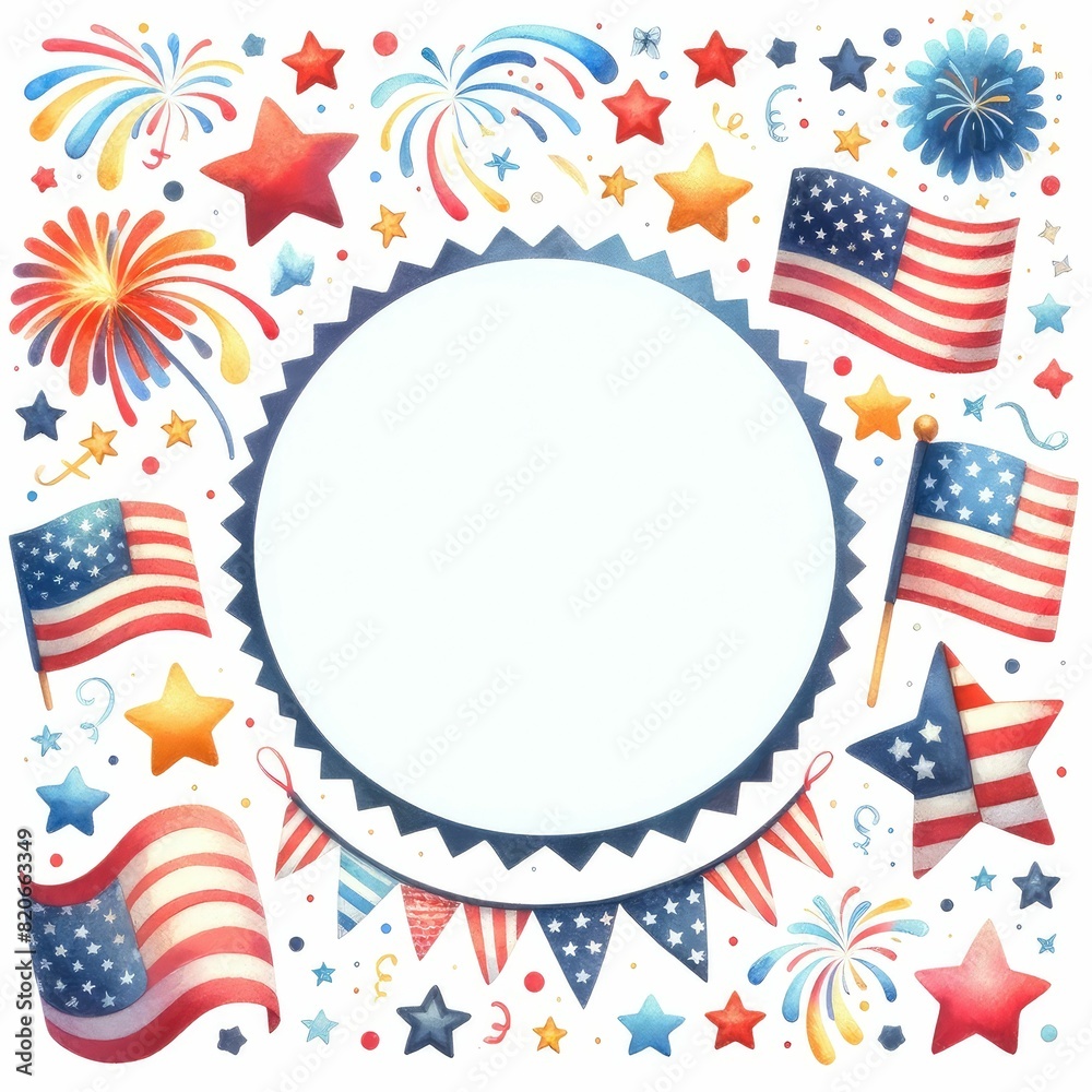 Fourth of July themed border and frame. watercolor illustration ...