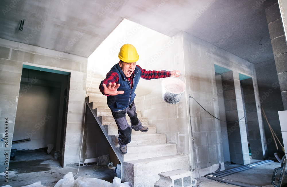 Man falling down the stairs. Accident of a man worker at the ...