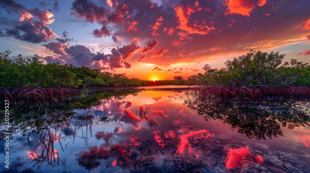 Vibrant sunset over red mangroves, the sky reflecting shades of orange ...