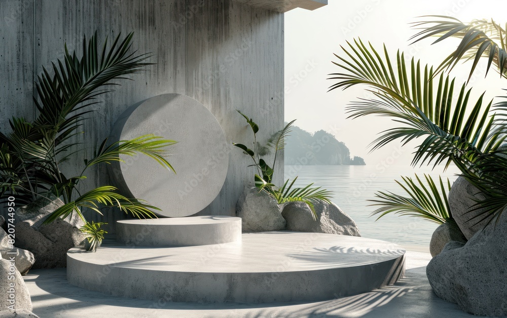 Stylish concrete product staging area with grey concrete pedestals with ...