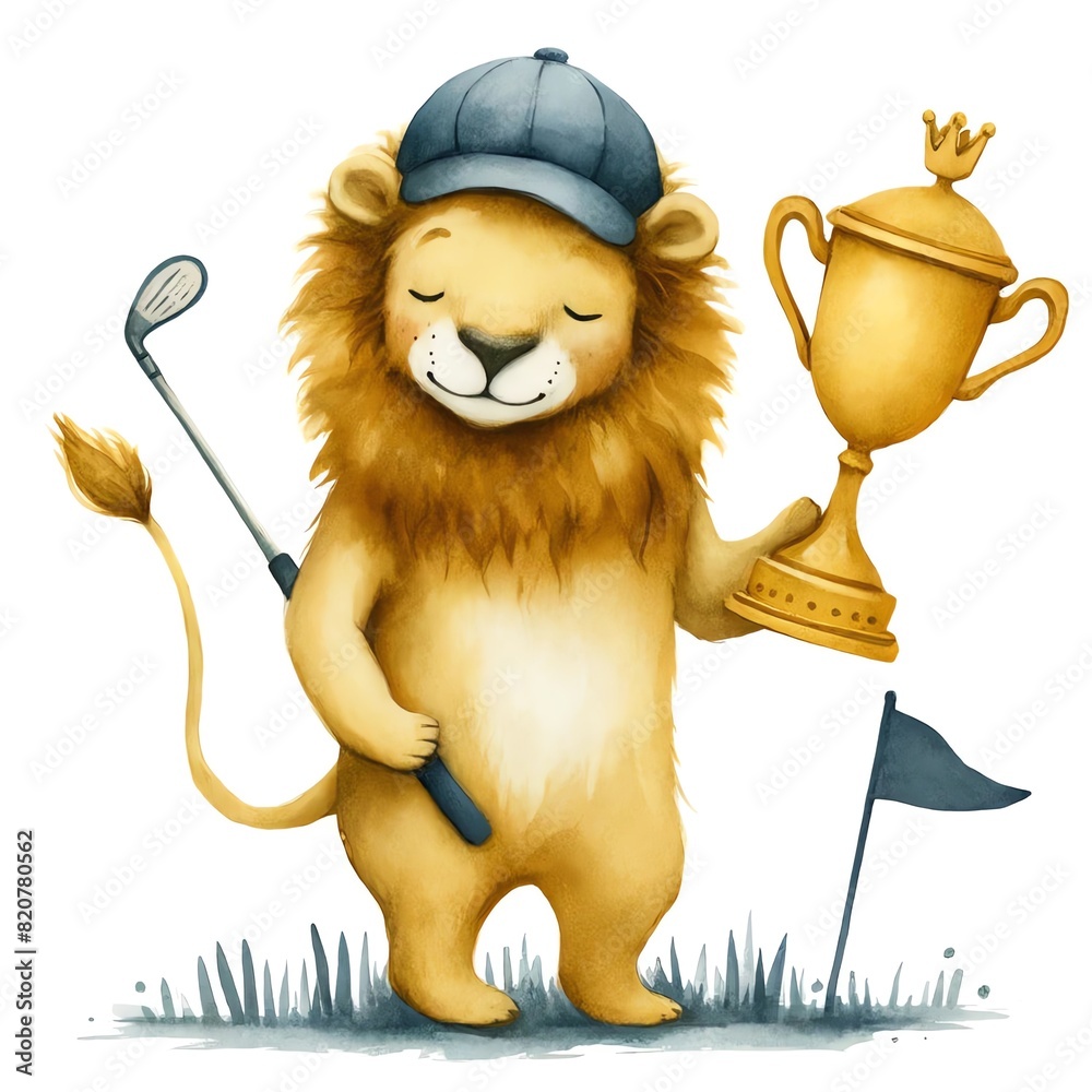 Cute cartoon lion wearing a golf cap and holding a golf club and trophy ...
