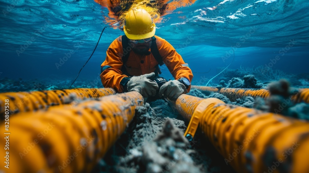 Fiber optic cables being laid across the ocean bed with an engineer ...