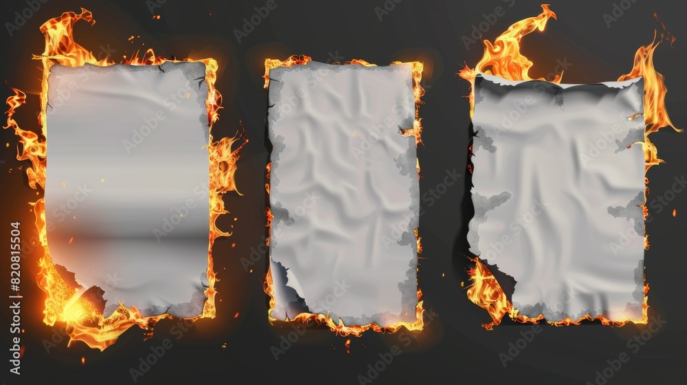 Inflamed white paper notes, square and rectangular blank pages with ...