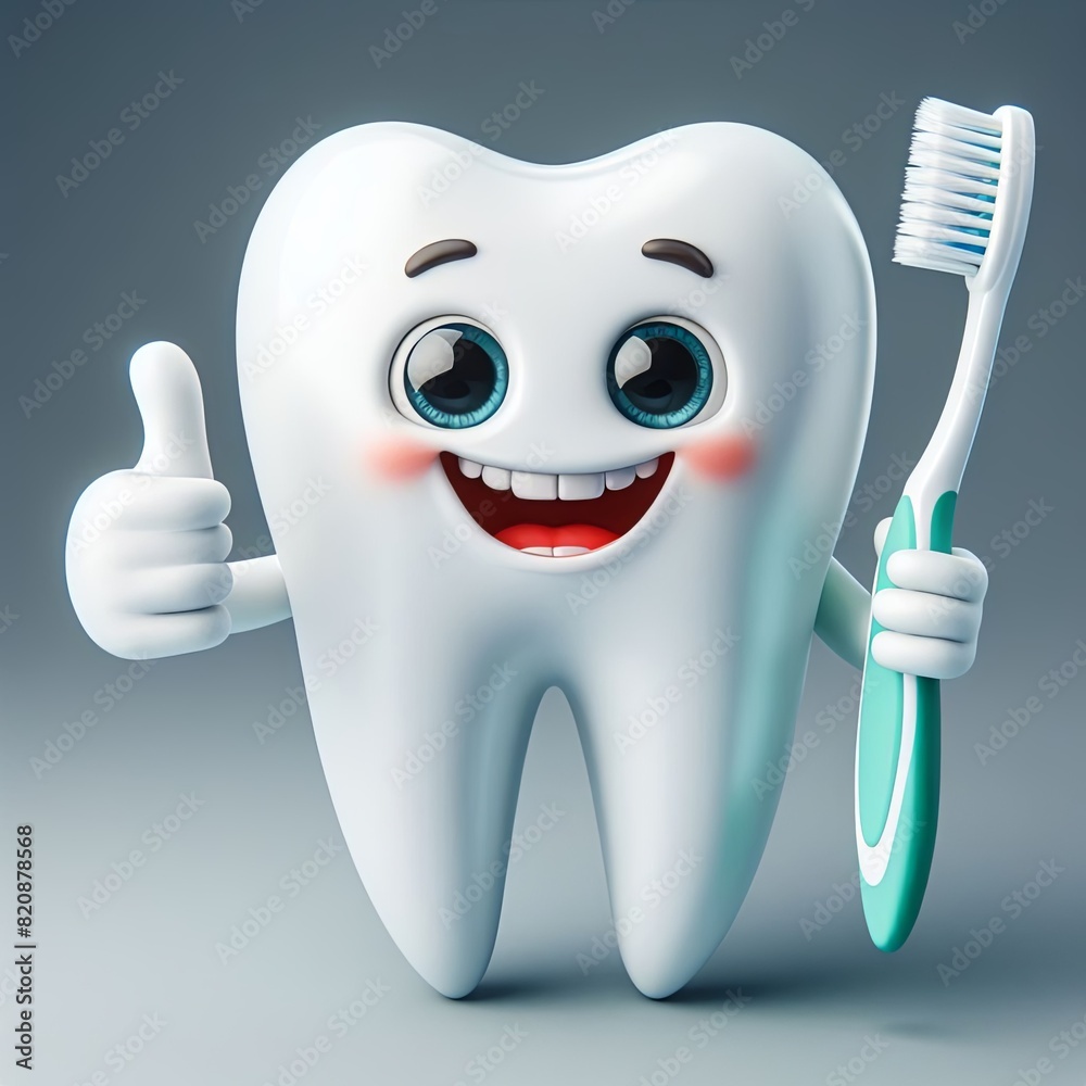 Funny smiling tooth holding toothbrush showing thumb up concept of ...