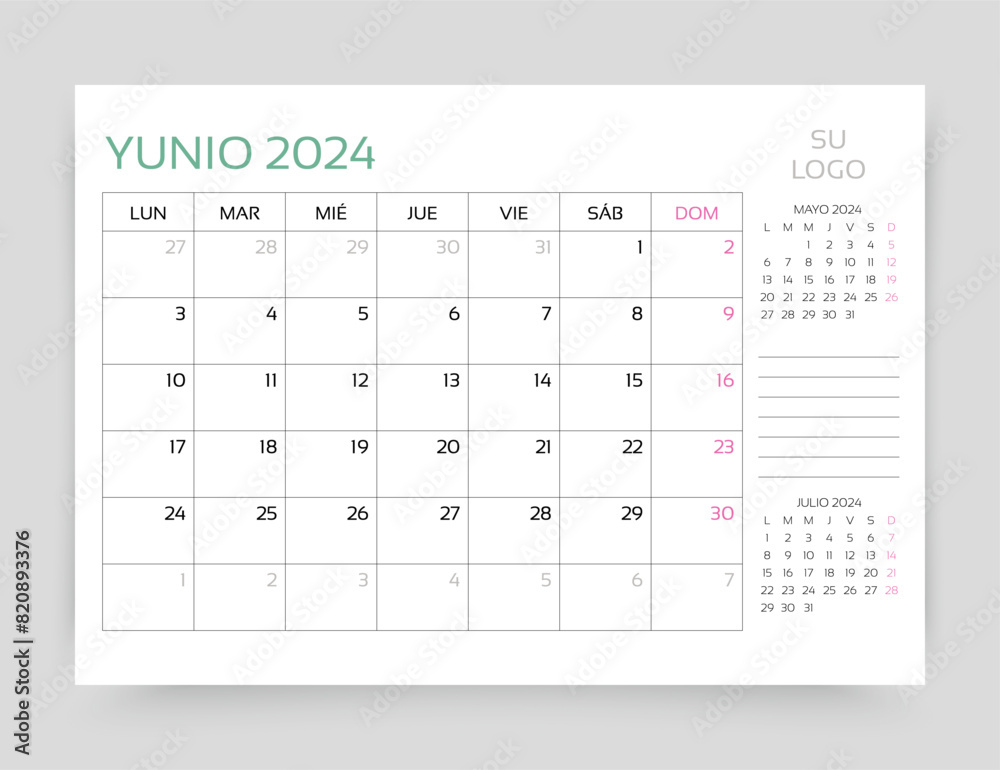 June 2024 year calendar. Spanish planner calender template. Week starts ...