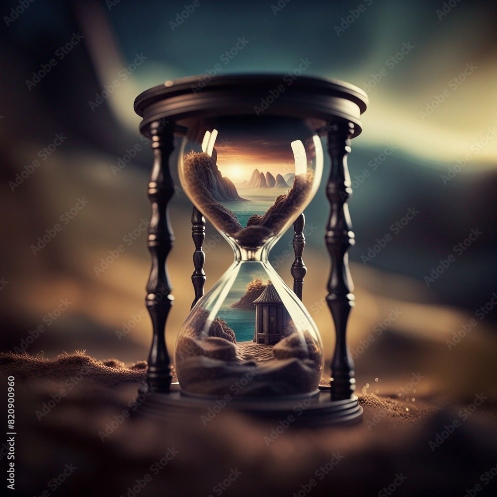 A vintage hourglass with a tropical paradise scene inside, representing ...