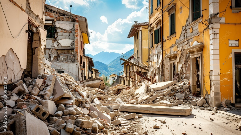 The destroyed city after the earthquake. Rubble, ruins of residential ...