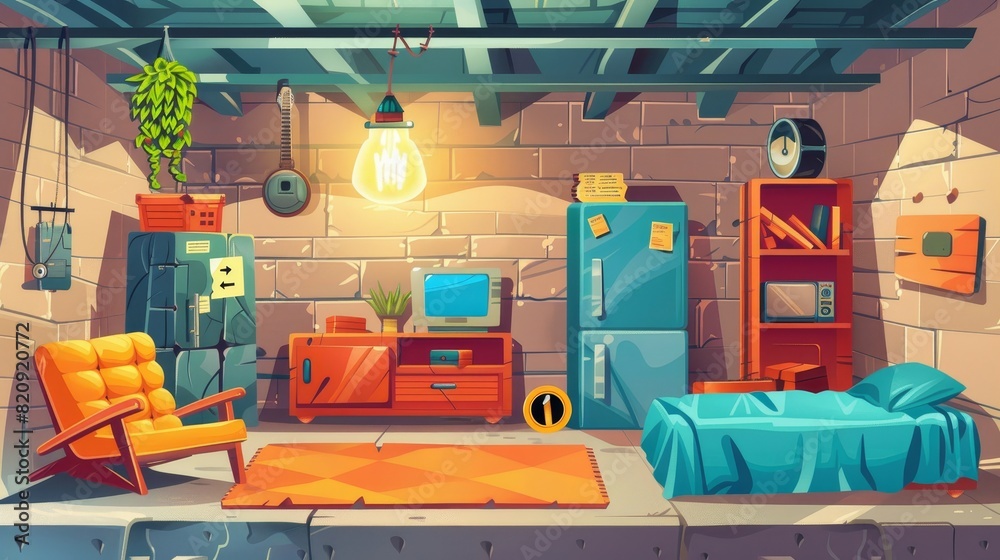 This underground shelter and bunker room interior cartoon set features ...