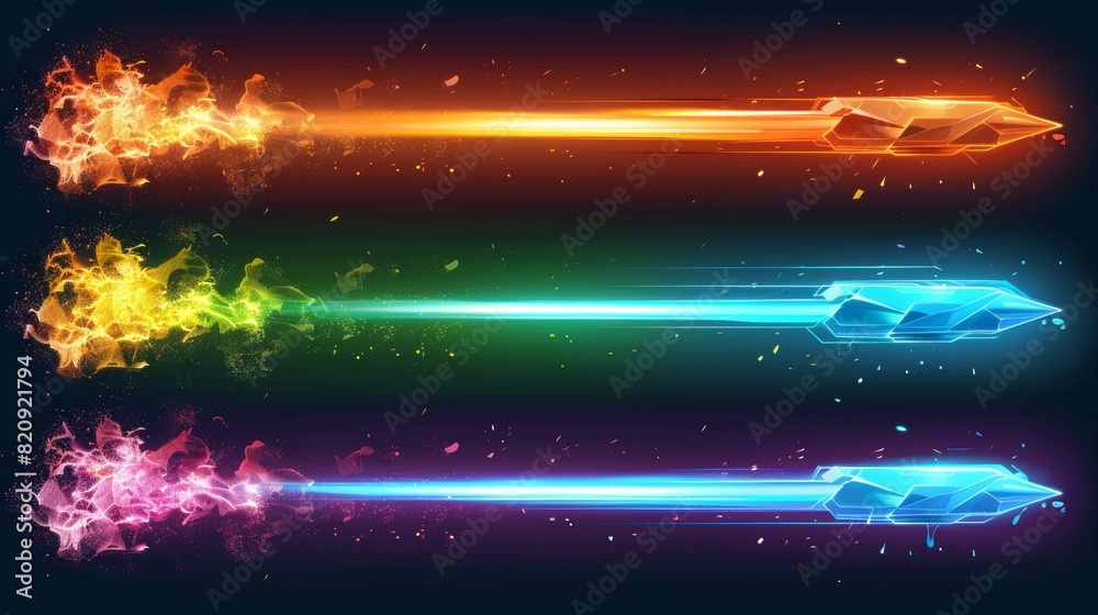 Laser weapon shot trails isolated on black background. Modern cartoon ...