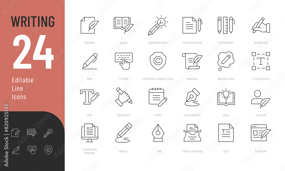 Writing Editable Icons set. Vector illustration in modern thin line ...