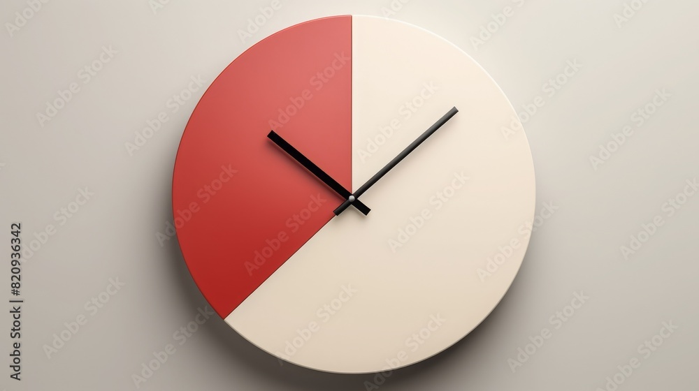 Minimalist wall clock with a modern half-red and half-white design. The ...