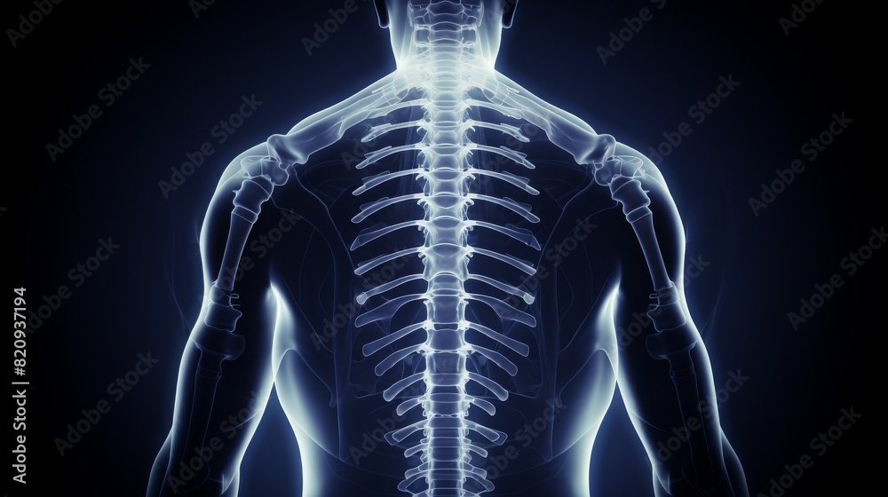 X-ray image of a human spine and back, highlighting the vertebrae and ...
