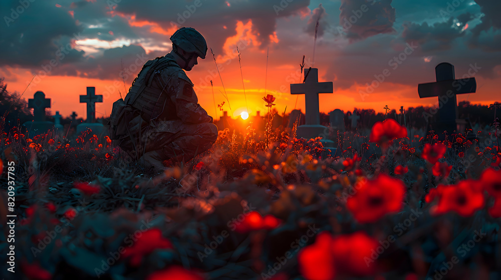 A silhouette of a soldier kneeling before a fallen comrade's tombstone ...