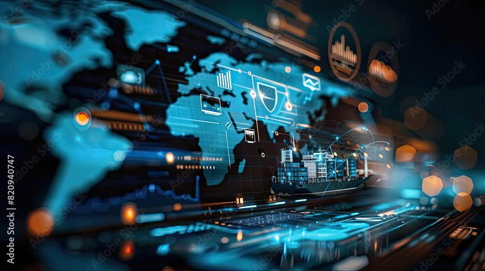 Hightech logistics interface for global business, freight ship in ...