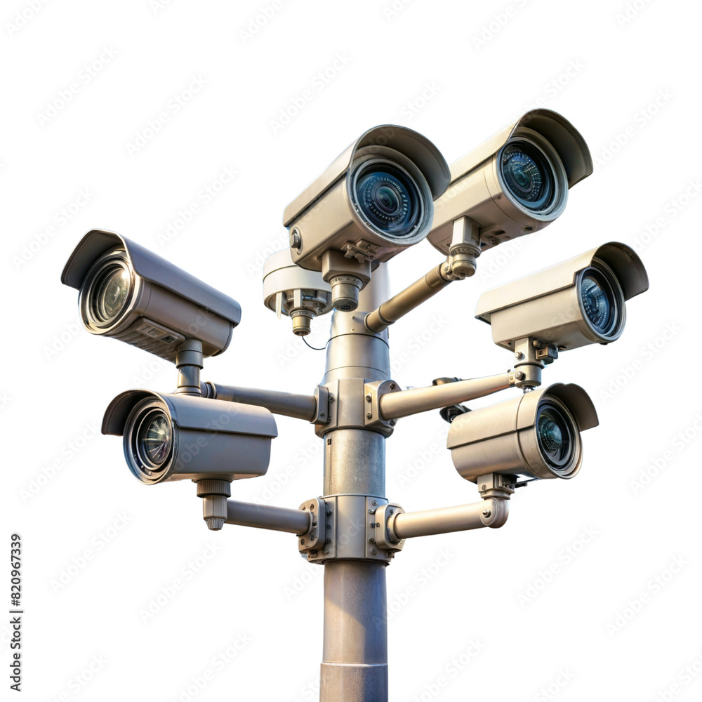 Many CCTV security surveillance cameras. Dystopian big brother spy and ...