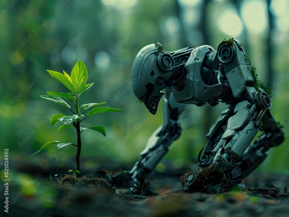 Robot is planting trees เซตภาพหุ่นย A humanoid robotic arm planting the ...