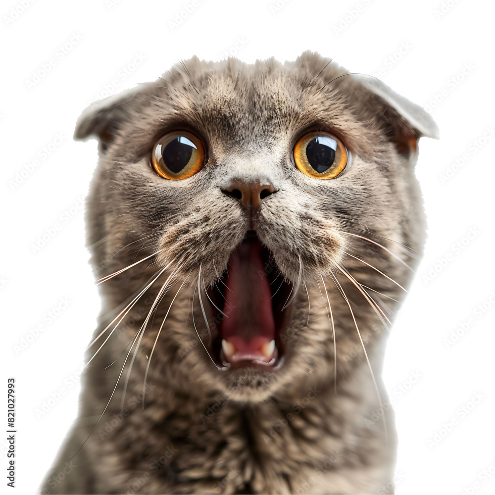 Close-up of a cat looking surprised with wide eyes and mouth open die ...