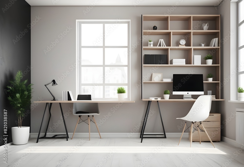 Stylish office interior with workplace, PC, and window bookshelf ...