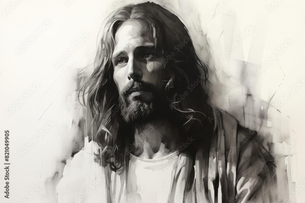A modern black and white depiction of Jesus, captured in a sketchlike ...