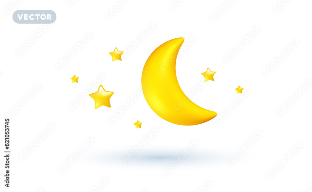 Vector weather night illustration of shine yellow color half moon with ...