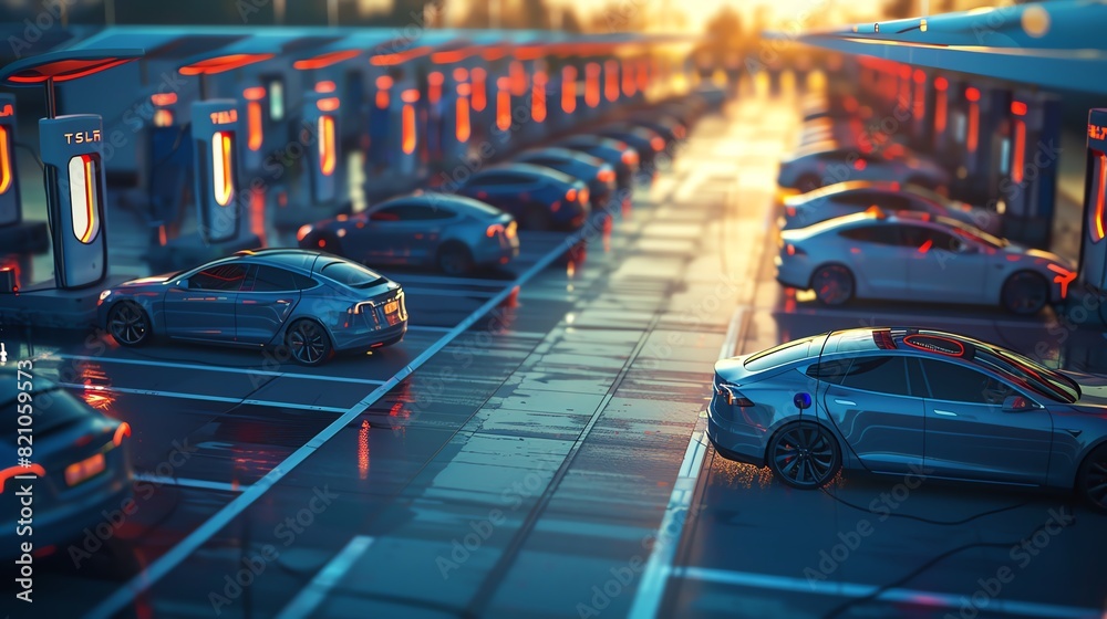 High resolution 4K electric cars at a solarpowered charging station ...