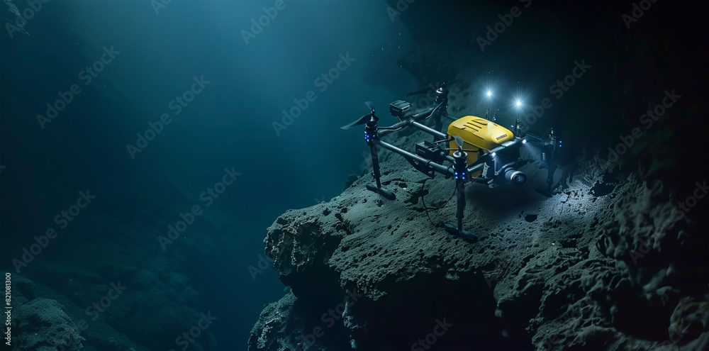 Deep-sea exploration drone navigating the abyss, capturing rare marine ...