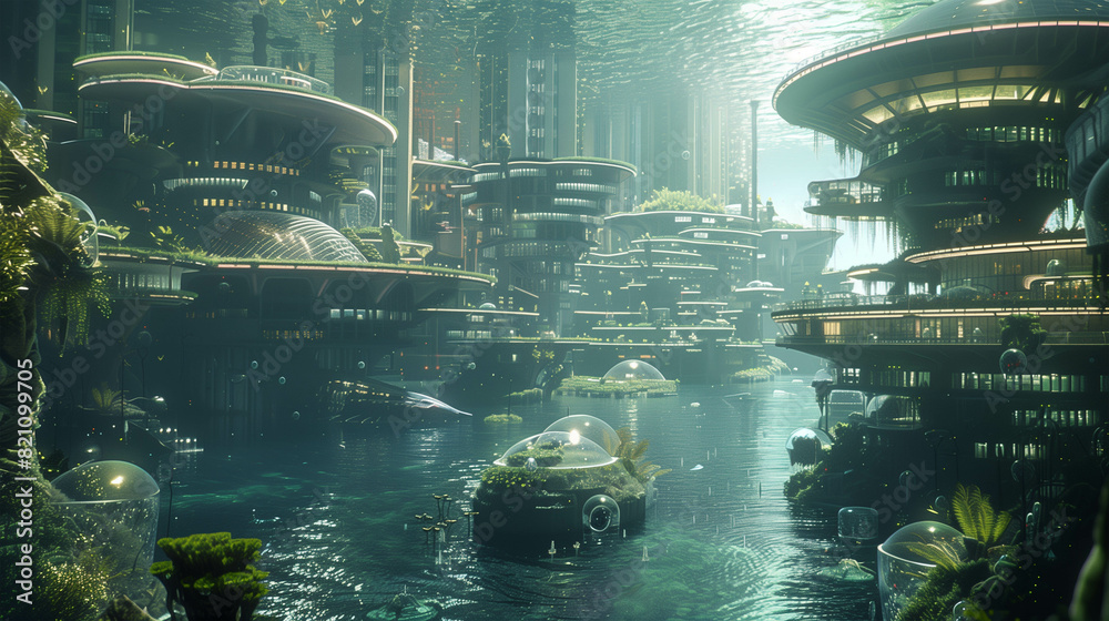 Underwater city with bio-engineered marine habitats, showcasing ...