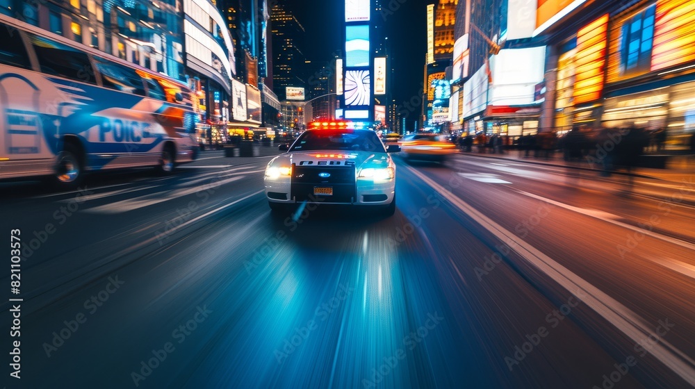 Police car with lights flashing and sirens blaring, weaving through ...