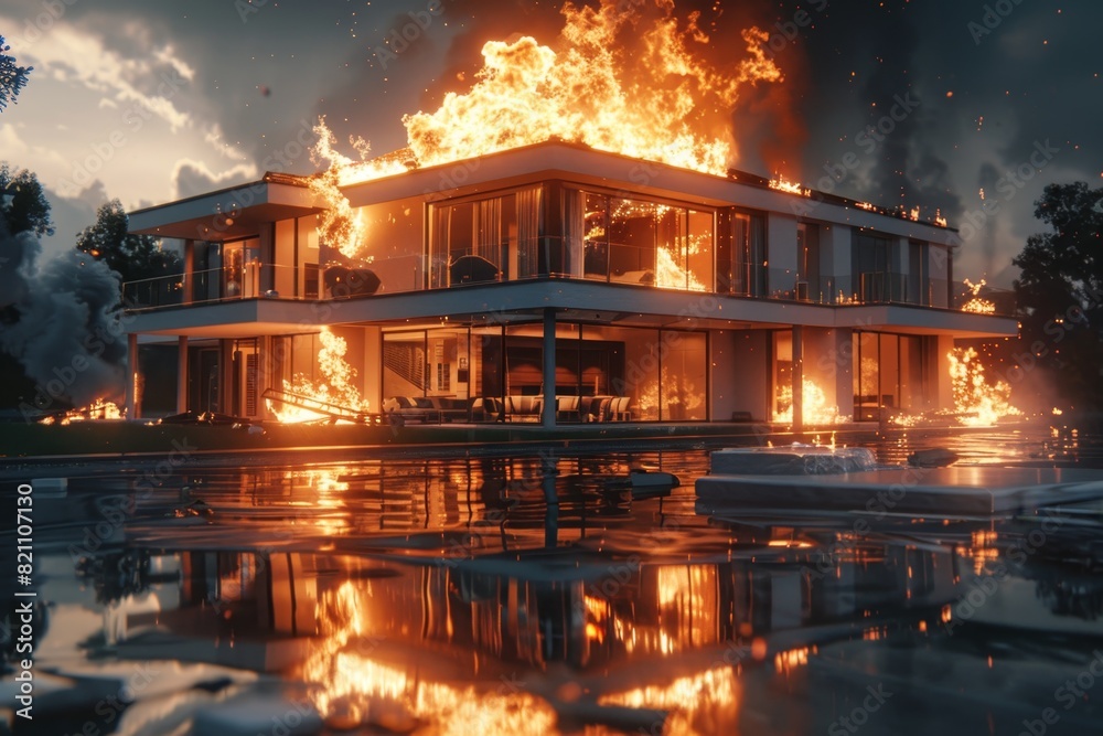 House burning intensely sits isolated lone lake surrounded water flames ...