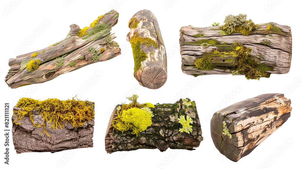 Set of fallen wooden trunks with green and yellow moss, showcasing the ...