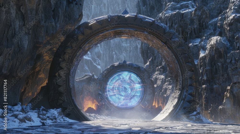 Ancient temple with stone arch and magical symbols. Gate to alien ...