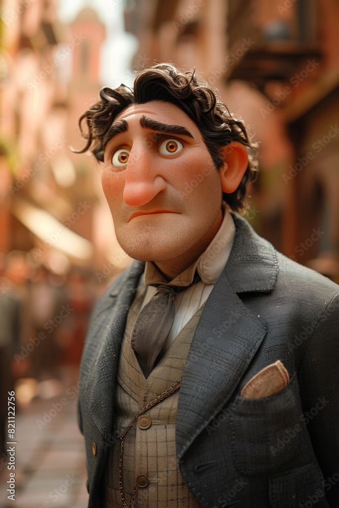 Animated character with expressive face and curly hair, dressed in a ...