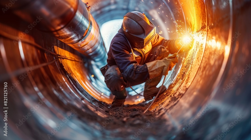 An experienced heavy industry welder wears a helmet and starts welding ...