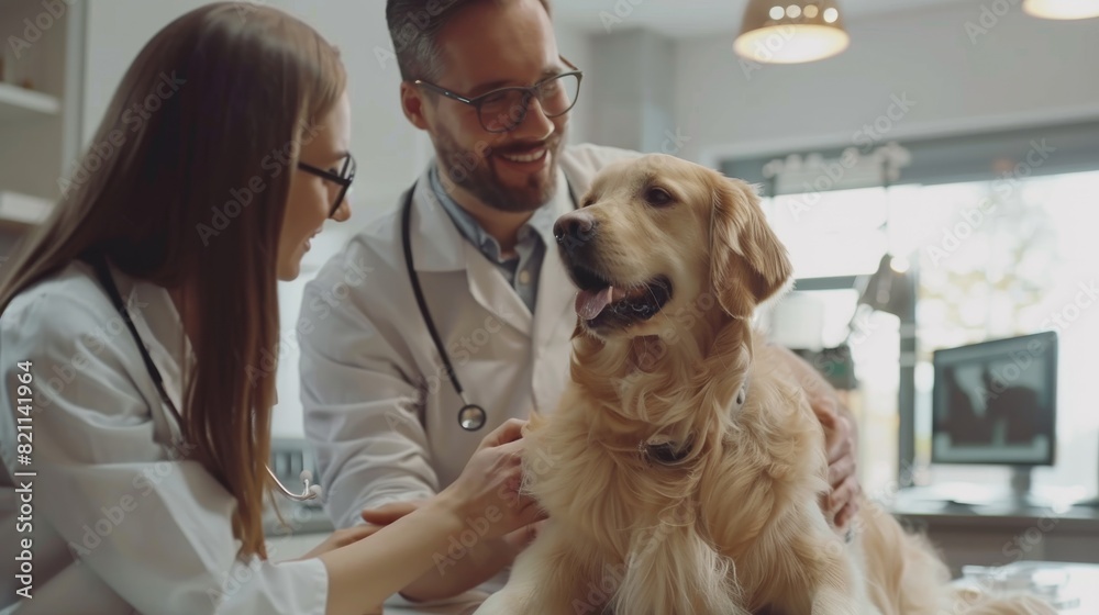 Handsome young man holding beloved golden retriever at a modern ...