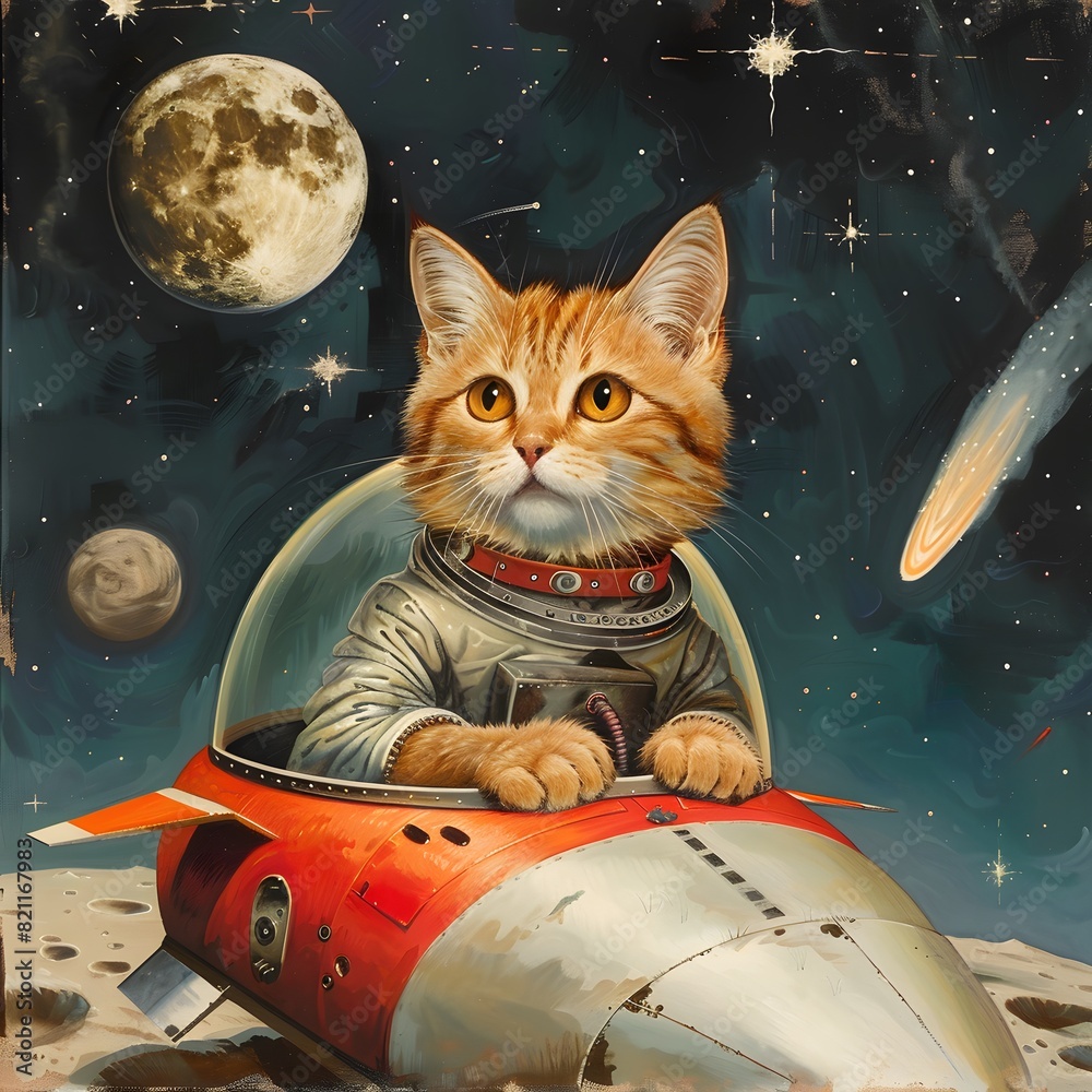 Charming illustration of a cat dressed as an astronaut sitting in a ...