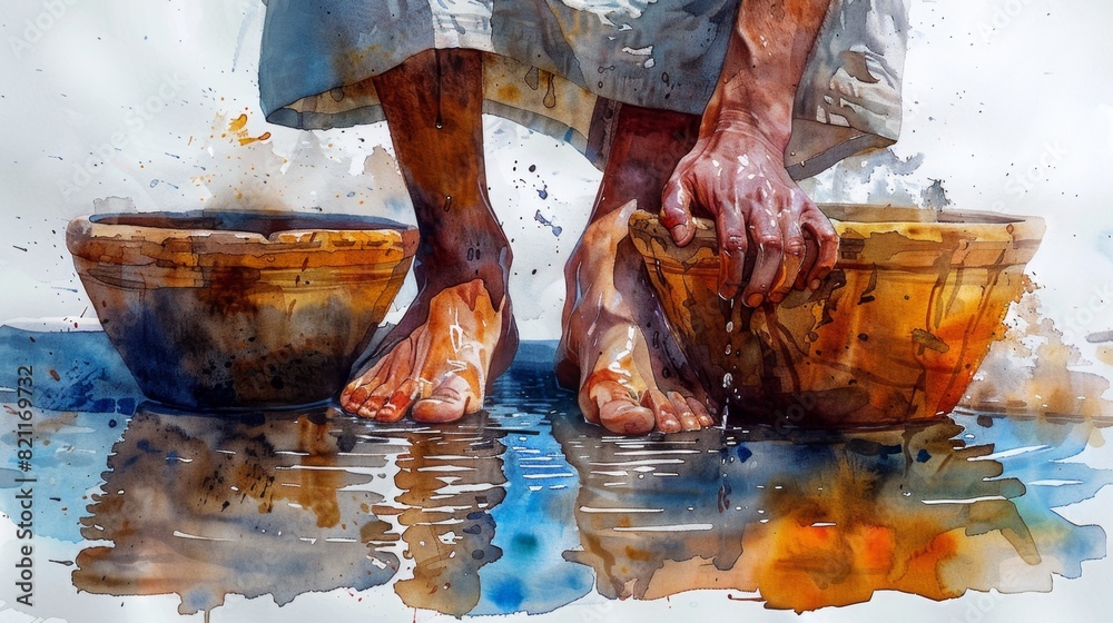 Jesus Washing Disciples' Feet - Digital Watercolor Painting of Maundy ...