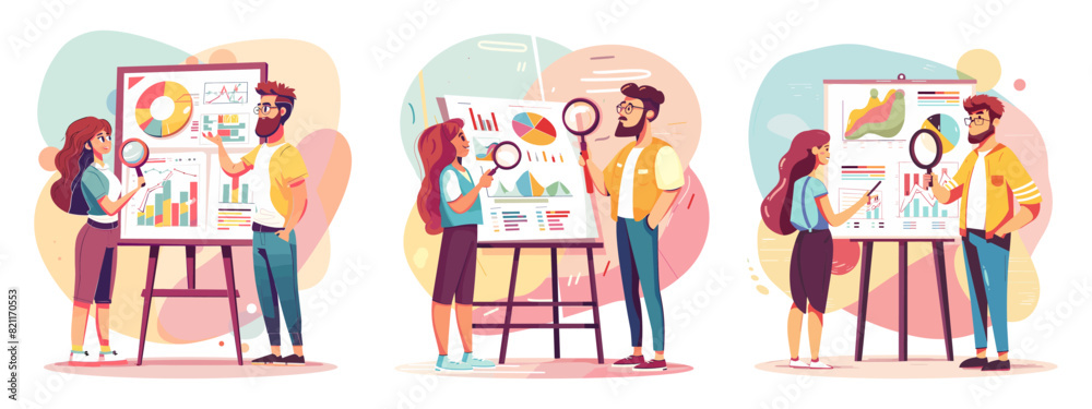 Analytical statistics cartoon vector concepts. Man woman holding ...