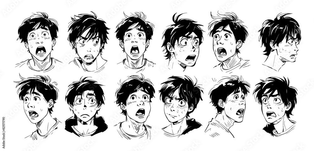 Asian guy anime avatars ink sketch vector set. Young different emotions ...